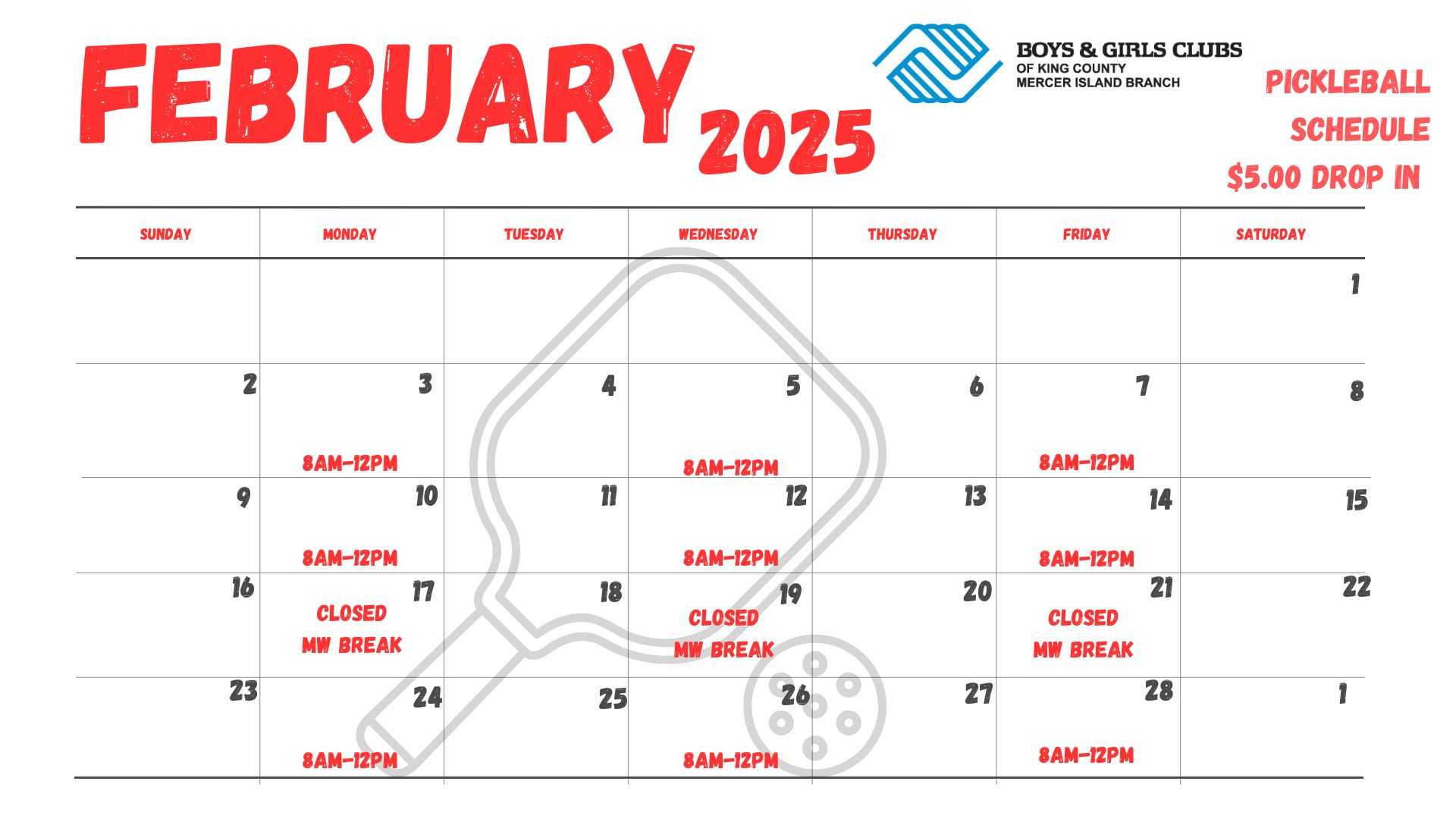 Pickleball Calendar for the Greater Seattle Area